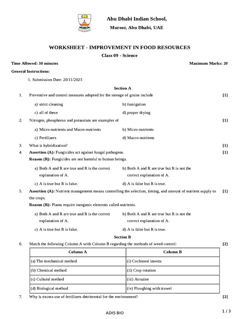 Worksheet 1 - Improvement in Food Resources | PDF
