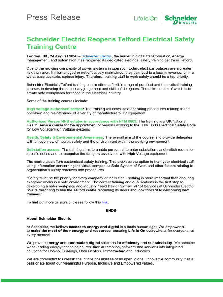 Schneider Electric Telford Training Reopens | PDF | Automation | Safety