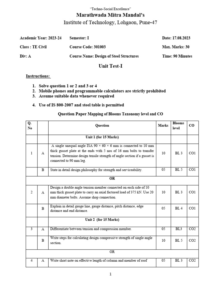 DOSS Unit Test-I Paper | PDF | Civil Engineering