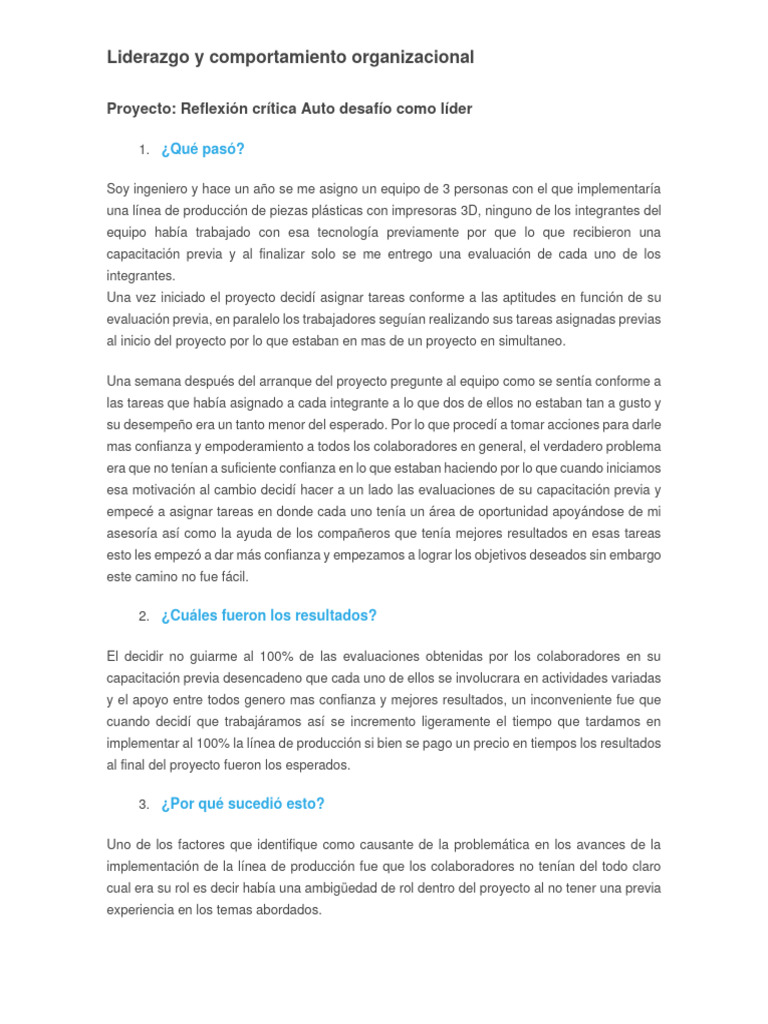 Liderazgo y Comportamiento Organizacional Reflexion Critica | PDF | Empoderamiento | Evaluación