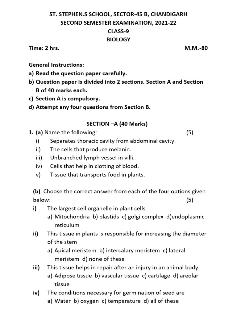 09-Biology-Second Semester Examination 09-03-2022 | PDF | Tissue (Biology) | Cell (Biology)