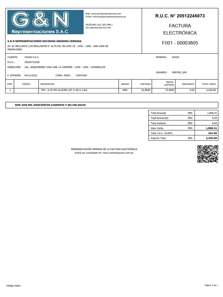 Factura 01-3805 CAVAS SJM | PDF