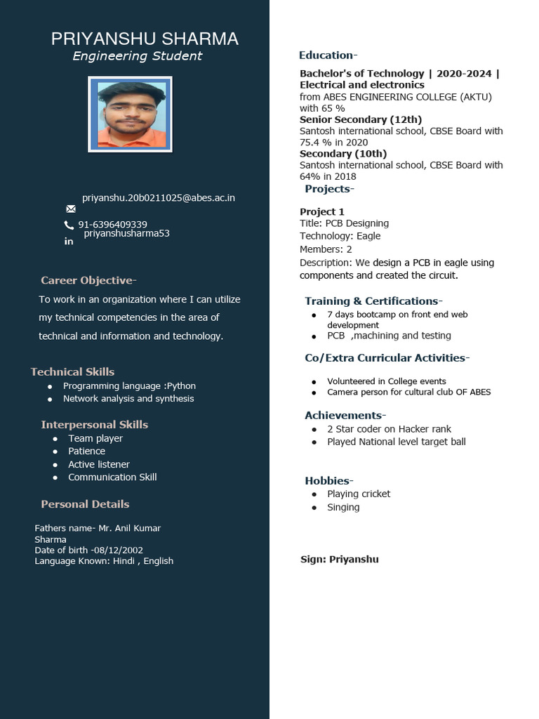 Priyanshu Resume | PDF | Computer Science | Computer Engineering