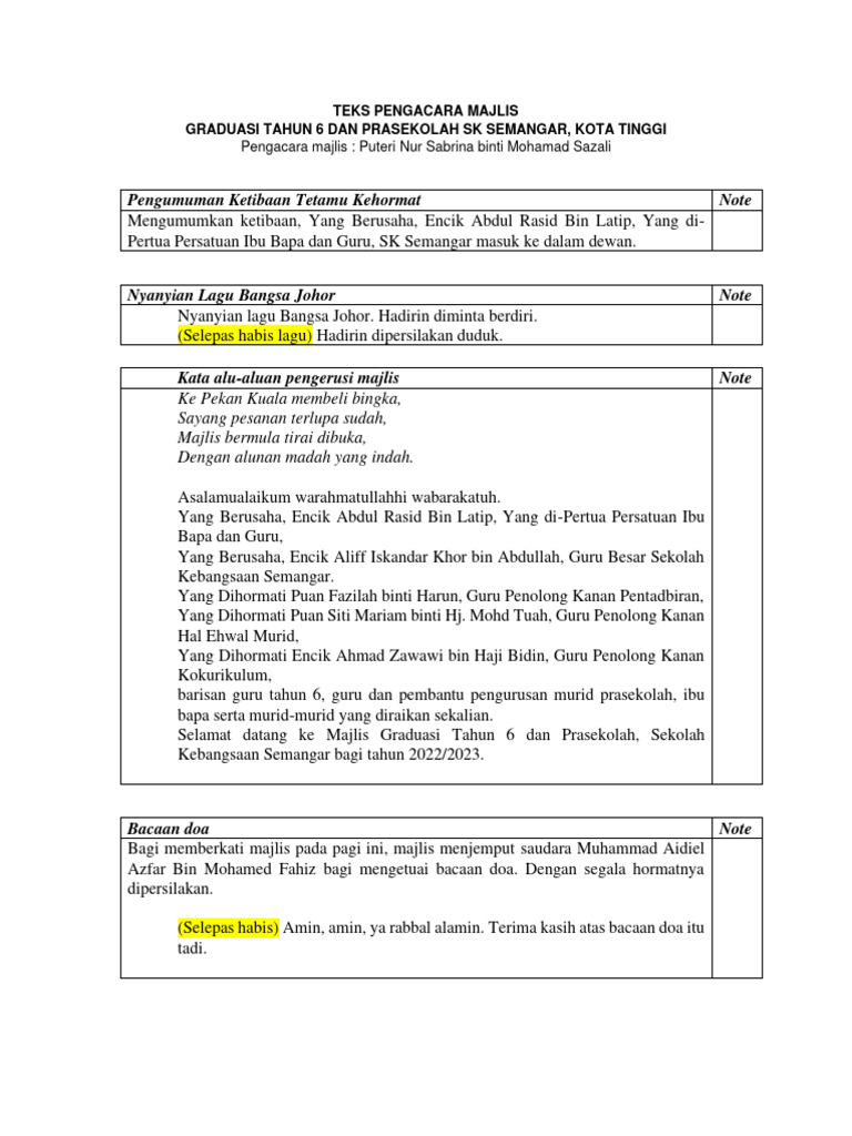Teks Pengacara Majlis Graduasi Tahun 6 Prasekolah 13 Februari 2023 | PDF Teks Pengacara Majlis Graduasi Tahun 6 Prasekolah 13 Februari 2023 | PDF