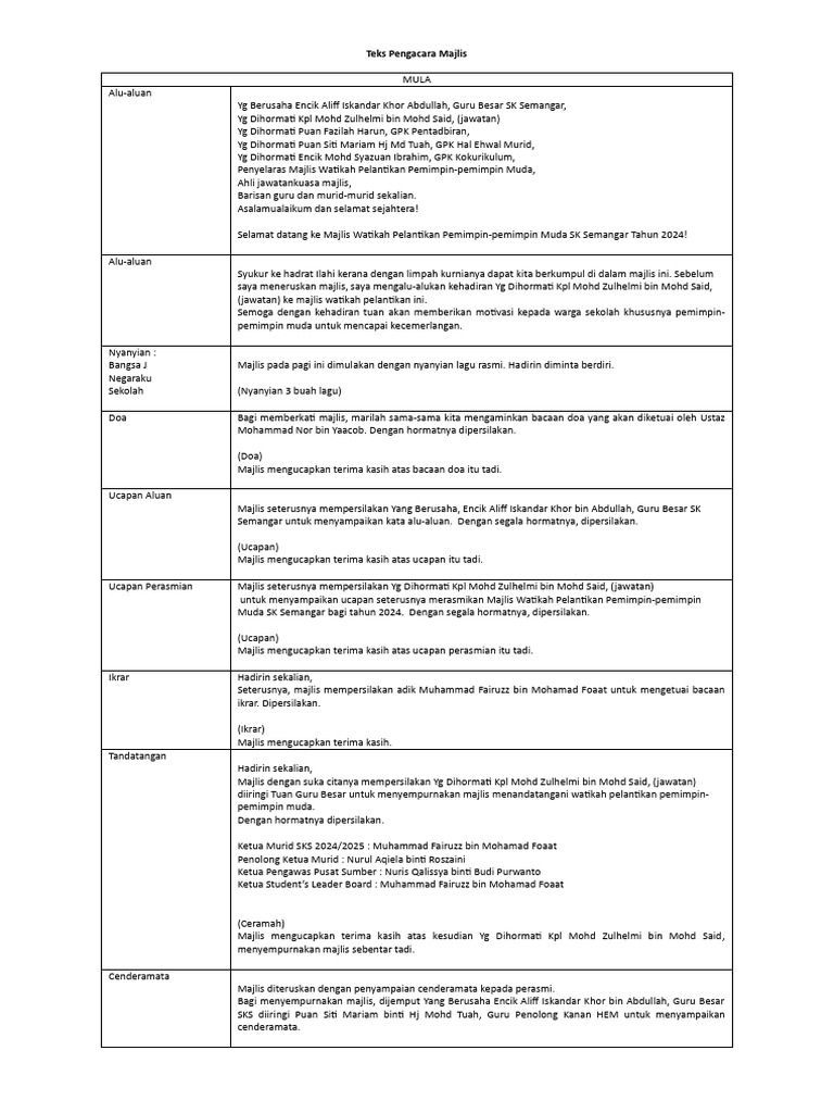 Teks Emcee Majlis Watikah Pelantikan Pemimpin Muda 2024 | PDF