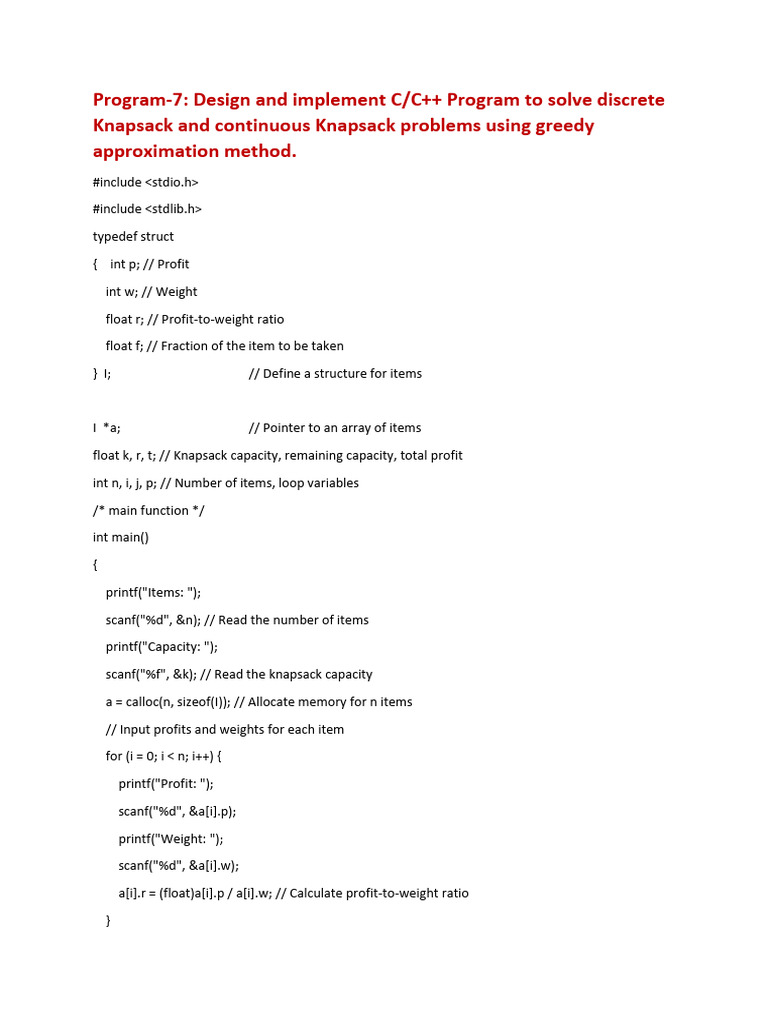 Program7 Knapsack C D Greedy | PDF | C++ | Computer Science
