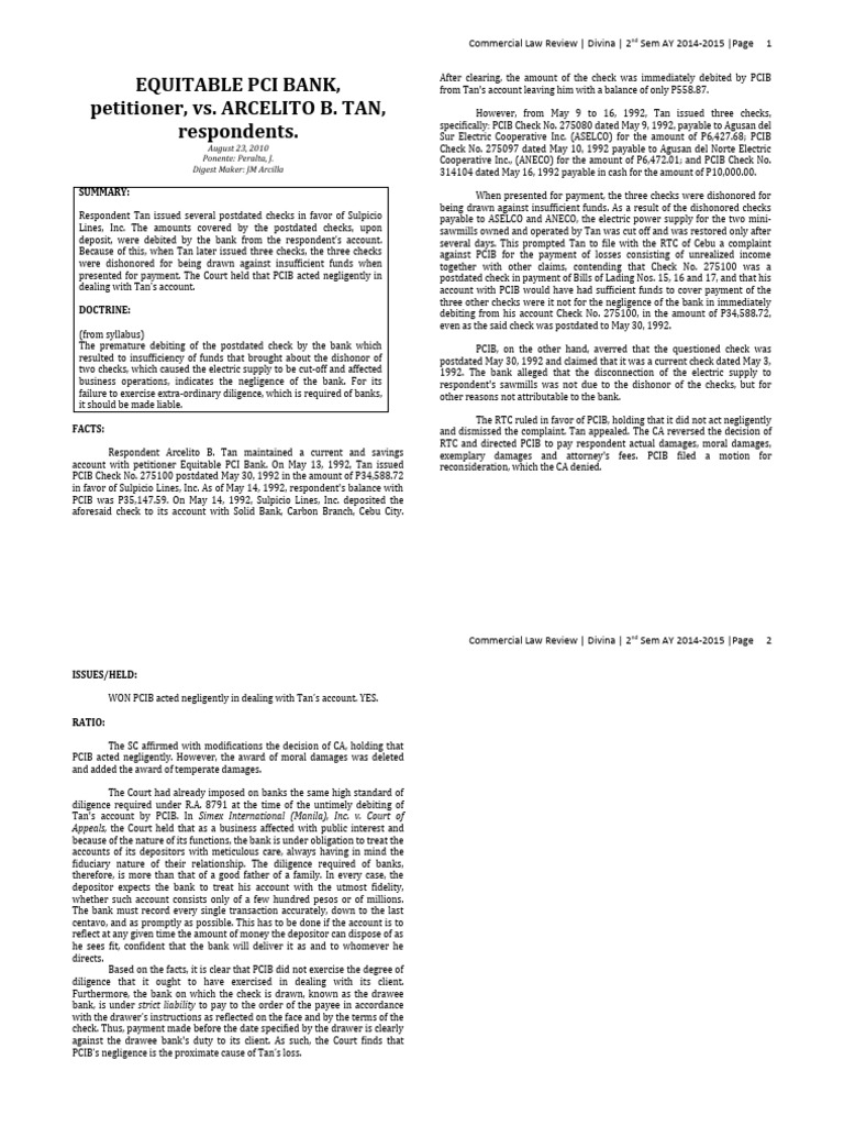 099 Equitable PCI - V - Arcelito Tan | PDF | Cheque | Common Law