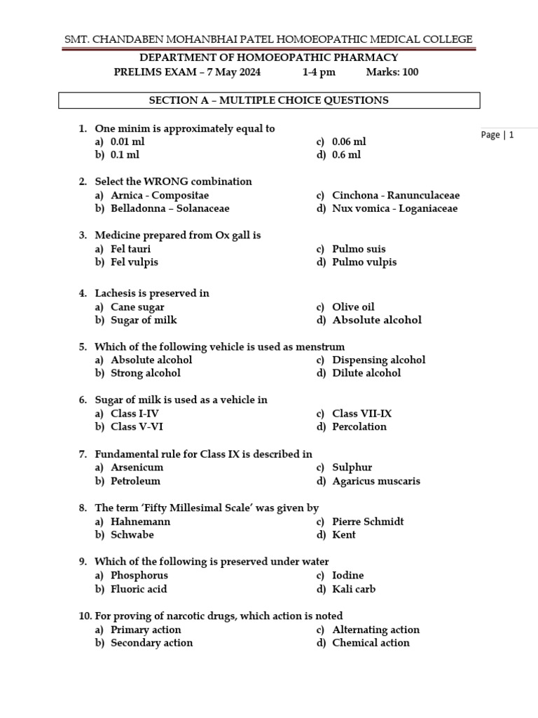 Question Paper - Prelims - CMPHMC Mumbai | PDF | Homeopathy | Medical ...