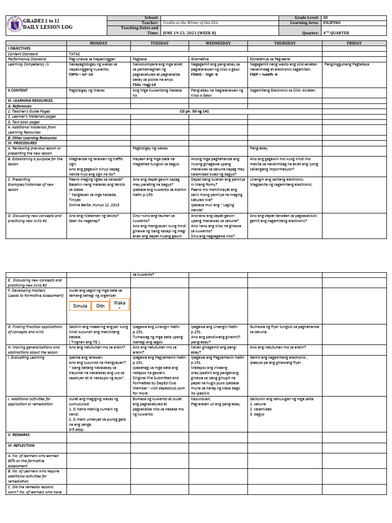 DLL - Filipino 3 - Q4 - W8 | PDF