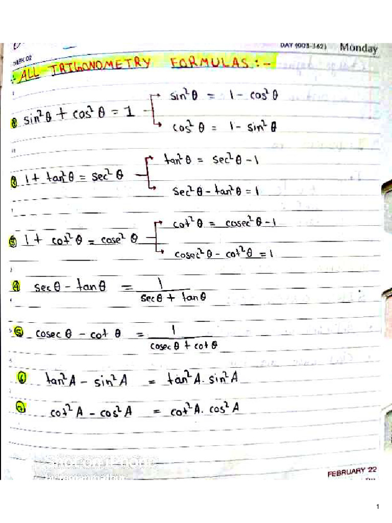 Formula (Trigonometry) Handwritten Notes | PDF