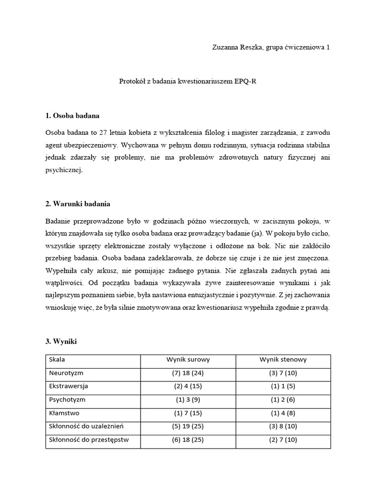 Protokół EPQ-R | PDF