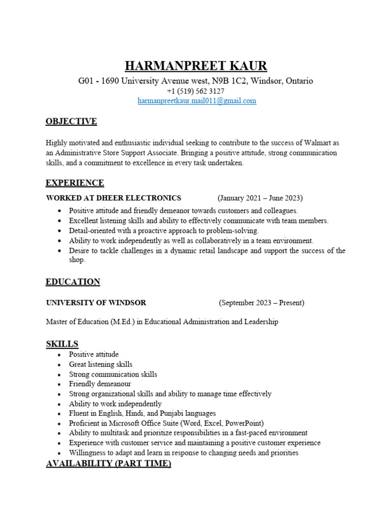 Walmart Administrative Support Resume | PDF