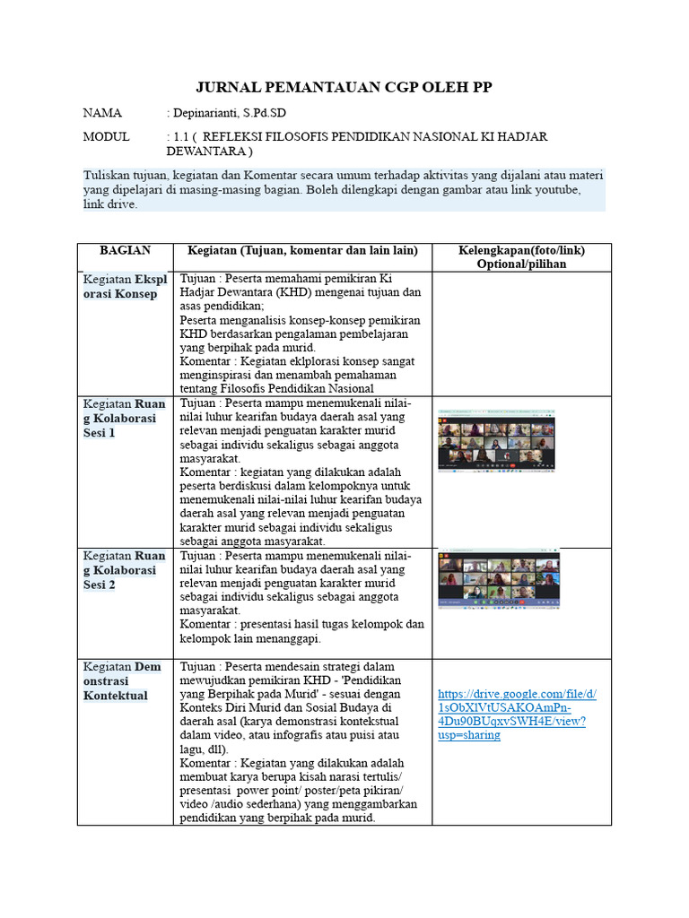 Jurnal Pemantauan CGP Oleh PP - Depinarianti - Modul (Refleksi Filosofis Pendidikan Nasional) (1 ...