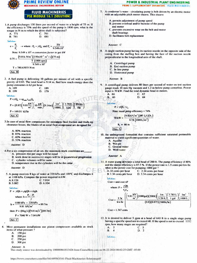 16.1 Fluid Machineries Solutions PDF | PDF | Pump | Mechanical Engineering