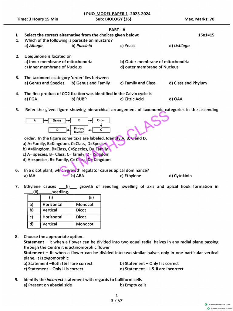 1st Pu Bio Model Question Paper and Solutions | PDF