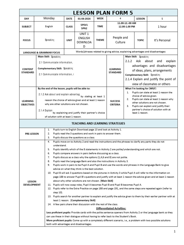 Lesson 5 Speaking | PDF | Question | Reason