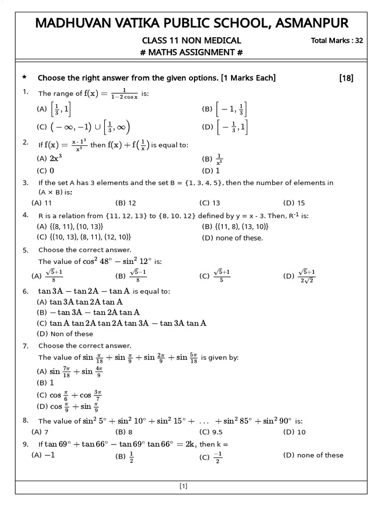 Math Assignment 1, Class 11 | PDF | Trigonometric Functions | Triangle Geometry