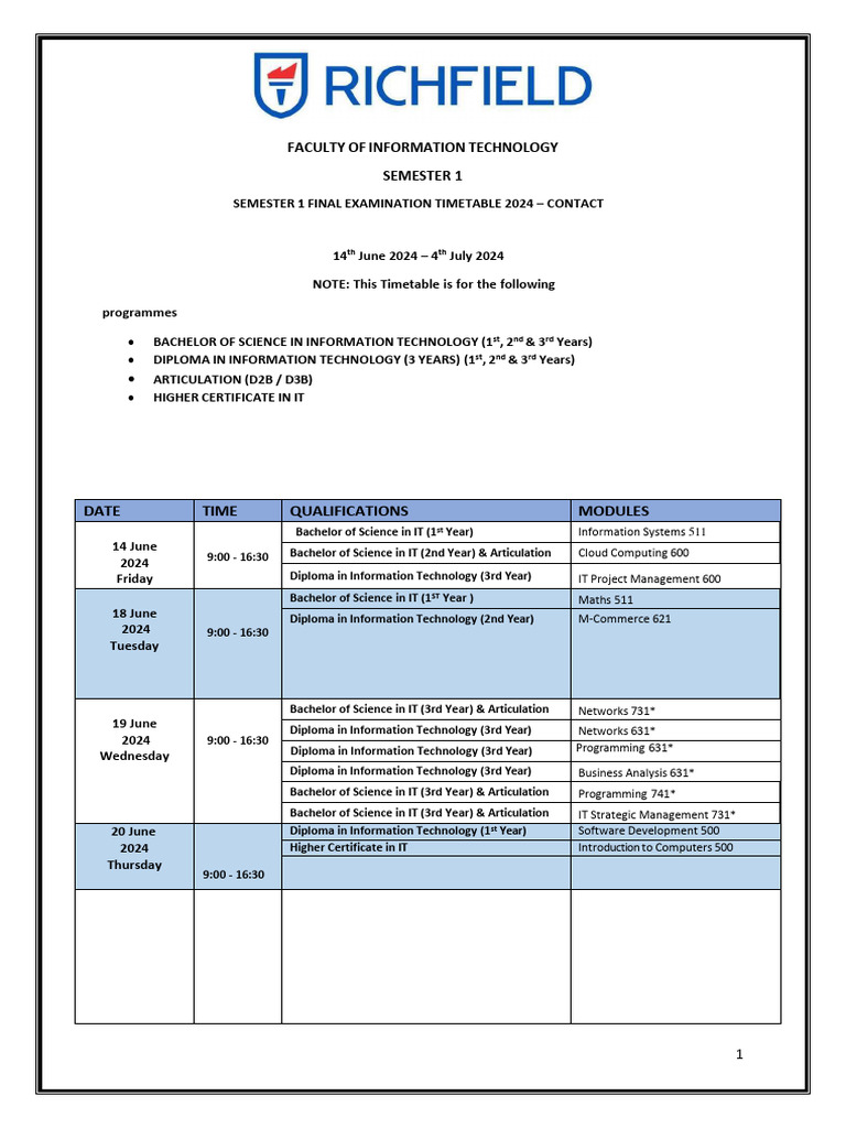 Semester 1 Examination IT Timetable Final | PDF | Diploma | Information ...