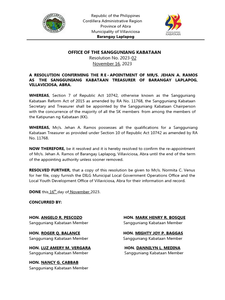 SK Treasurer Appointment | PDF