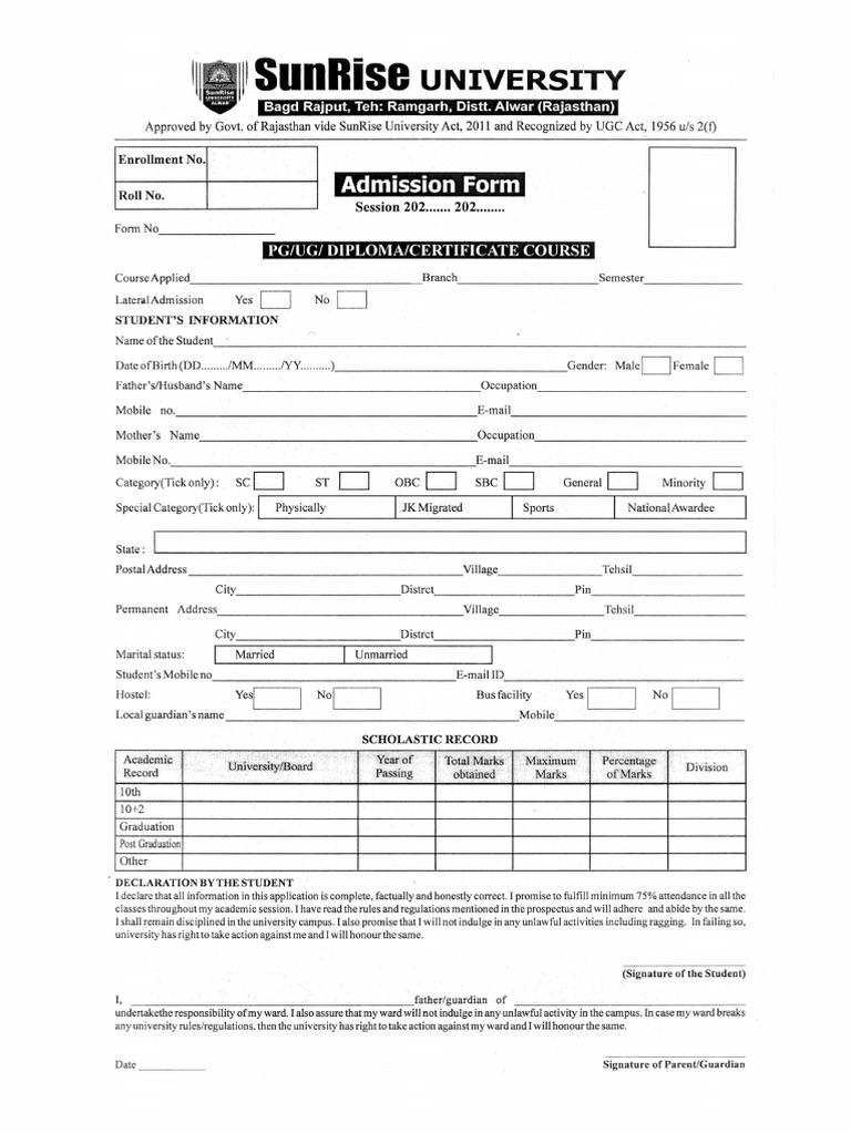 Admission - Form SRU | PDF