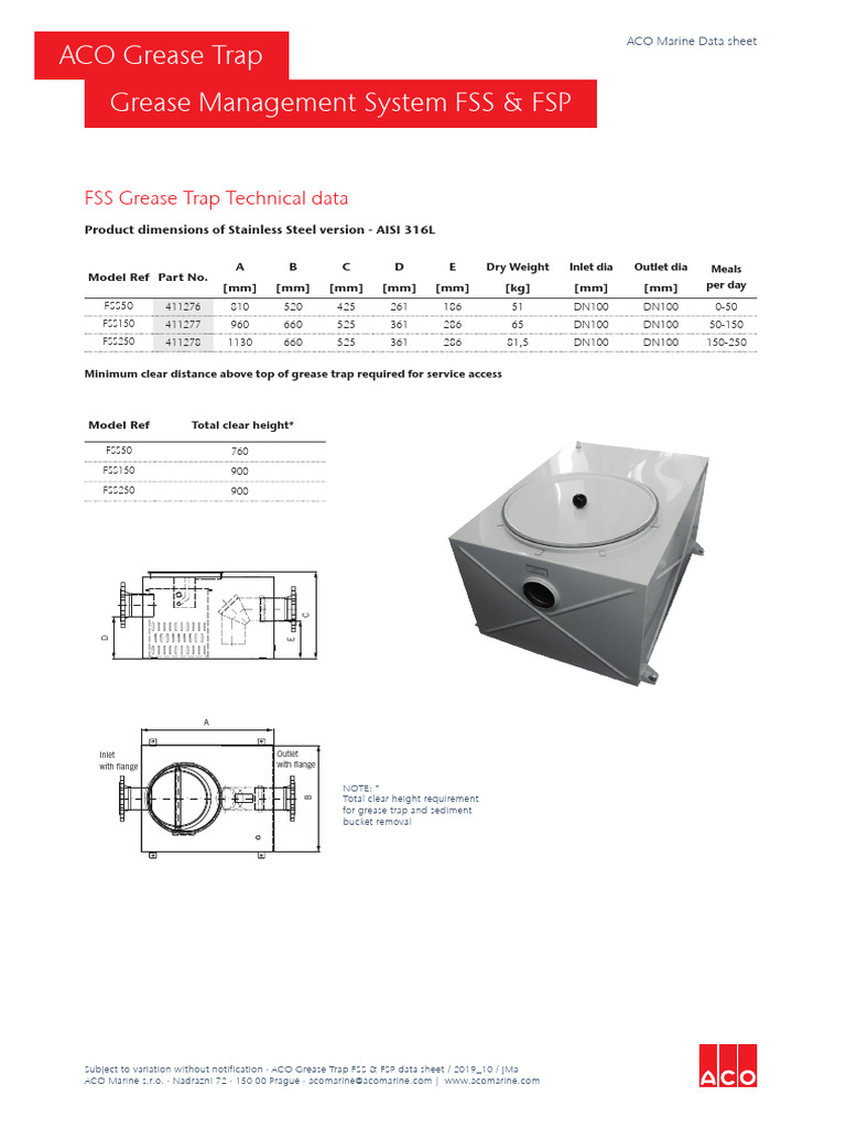 ACO Data Sheet Grease Trap FSS FSP | PDF