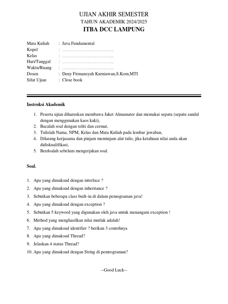 UAS (Java Fundamental) 2024 | PDF | Komputer