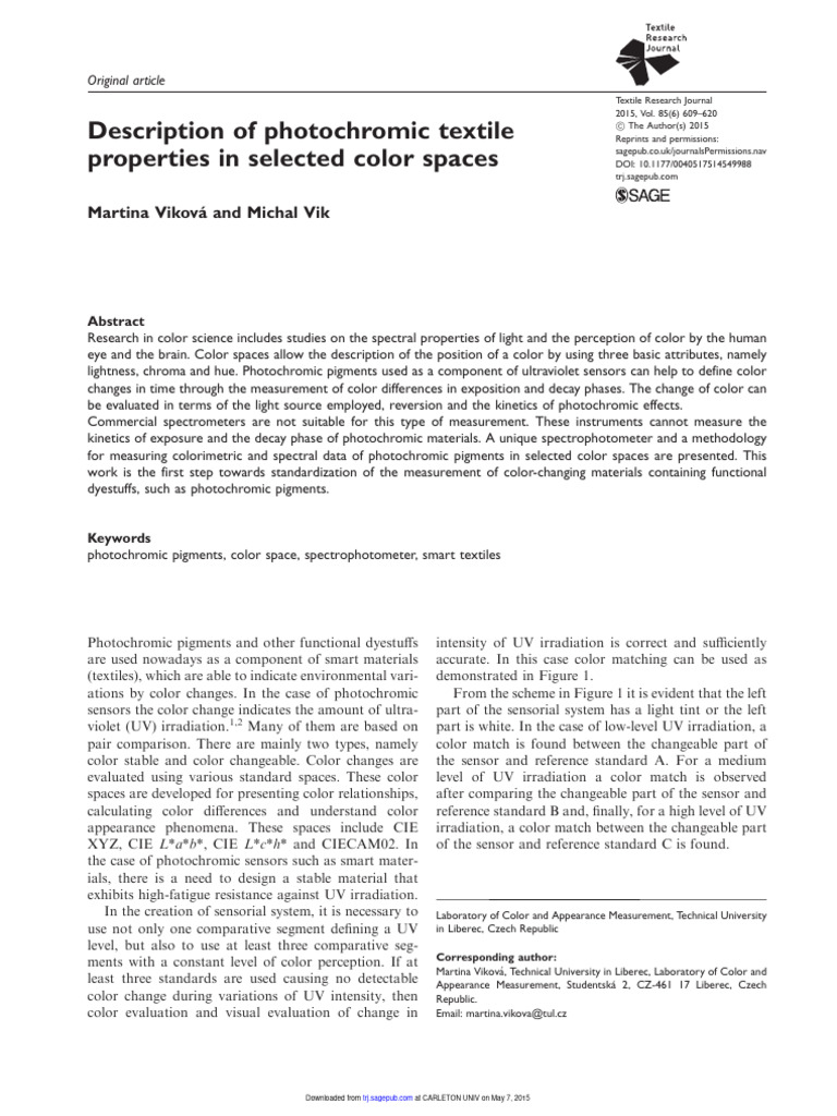 Description of Photochromic Textile Properties in Selected Color Spaces ...