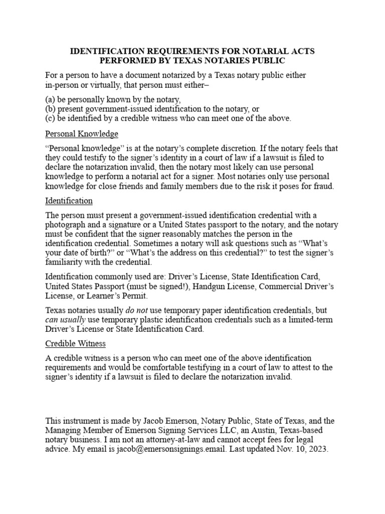 Identification Requirements For Notarial Acts Performed by Texas ...