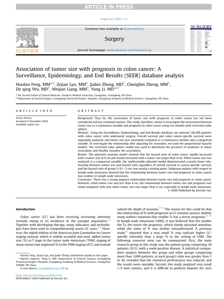 Association of Tumor Size With Prognosis in Colon Cancer: A ...