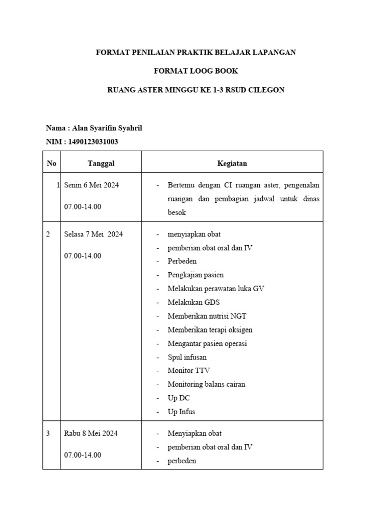 Logbook Ruang Aster Minggu Ke 1-3 | PDF
