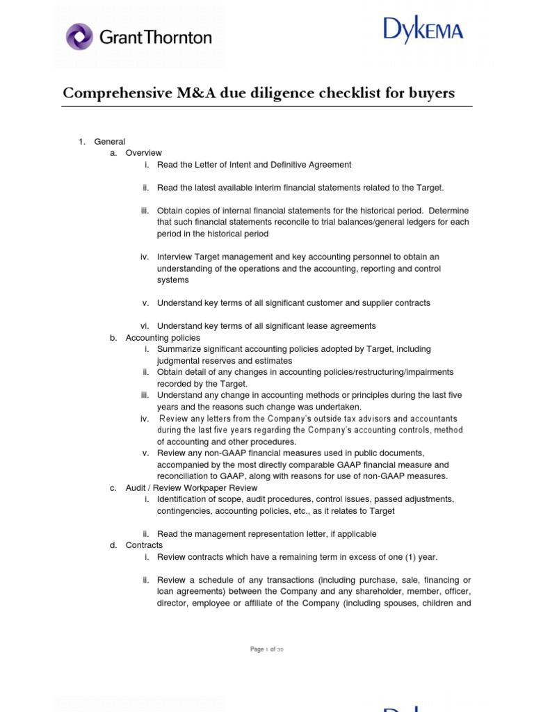 Comprehensive M&a Due Diligence Checklist For Buyers | PDF | Intellectual Property | Employment