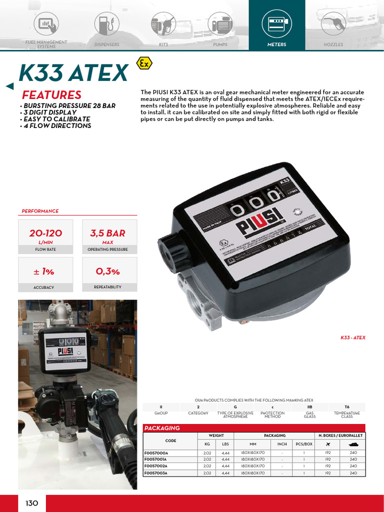 K33 Atex Piusi Datasheet Fuel 07.23 en | PDF | Pump | Flow Measurement