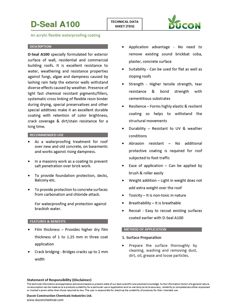 D-Seal-A100-TDS | PDF | Coating | Concrete