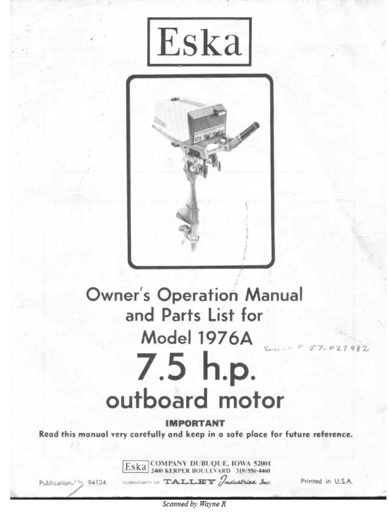 1975 Eska 1976a 7 5 Hp Outboard Motor Owners Manual Pdf