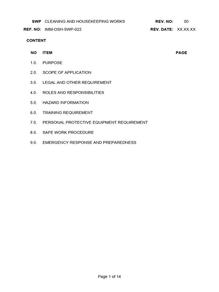 Safe Work Procedure for Housekeeping | PDF | Personal Protective ...