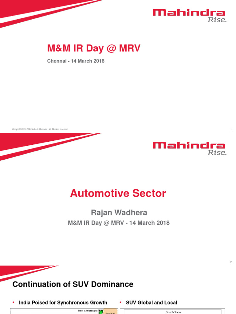 M and M IR Day Presentations MRV Chennai 14th March 2018 | PDF | Electric Vehicle | Battery Charger