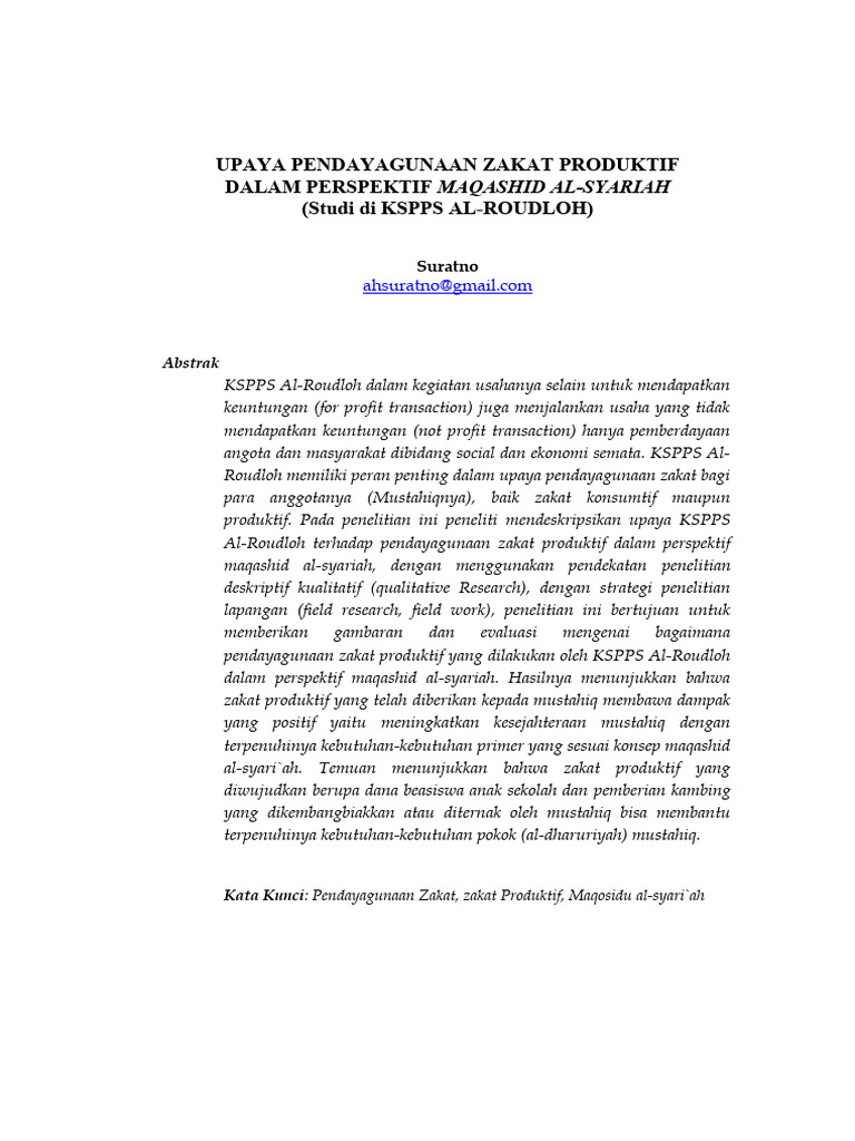 Suratno Upaya Pendayagunaan Zakat Produktif Perspektif Maqashid Al Syariah | PDF