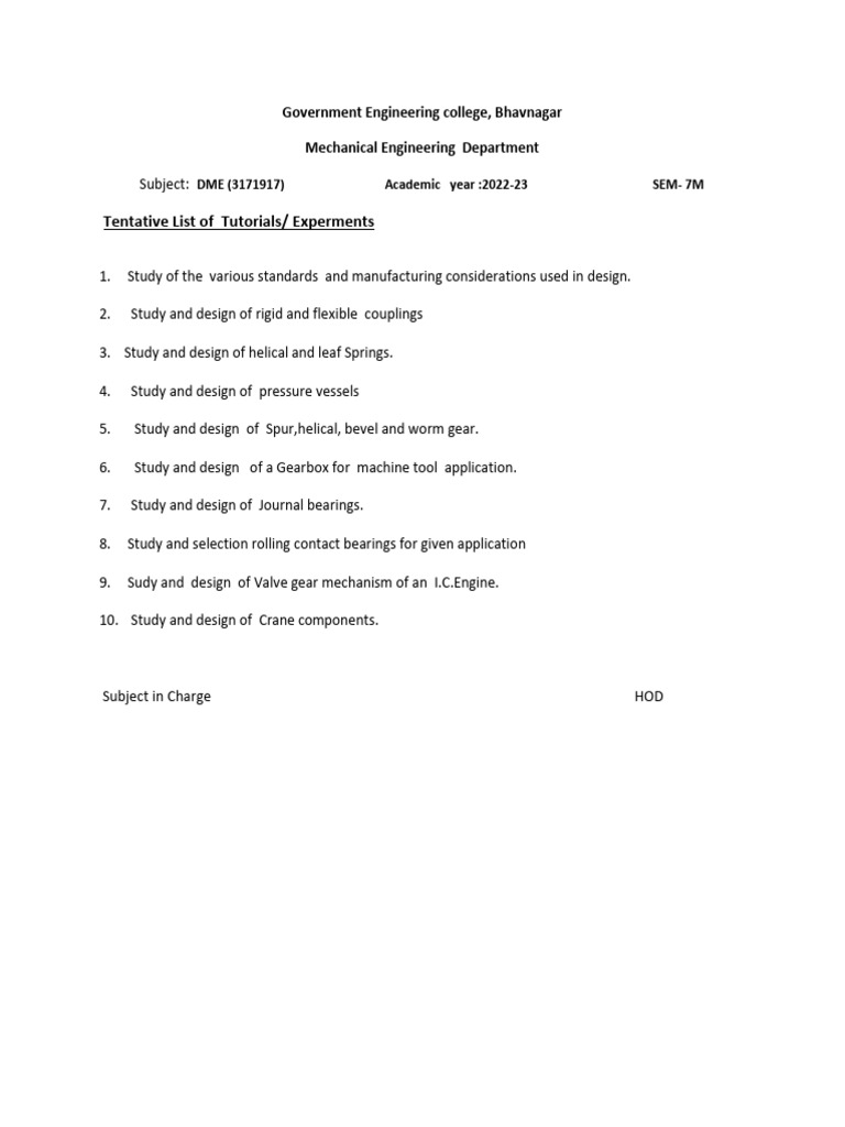 Dme 2022 23 Experiments | PDF | Gear | Bearing (Mechanical)