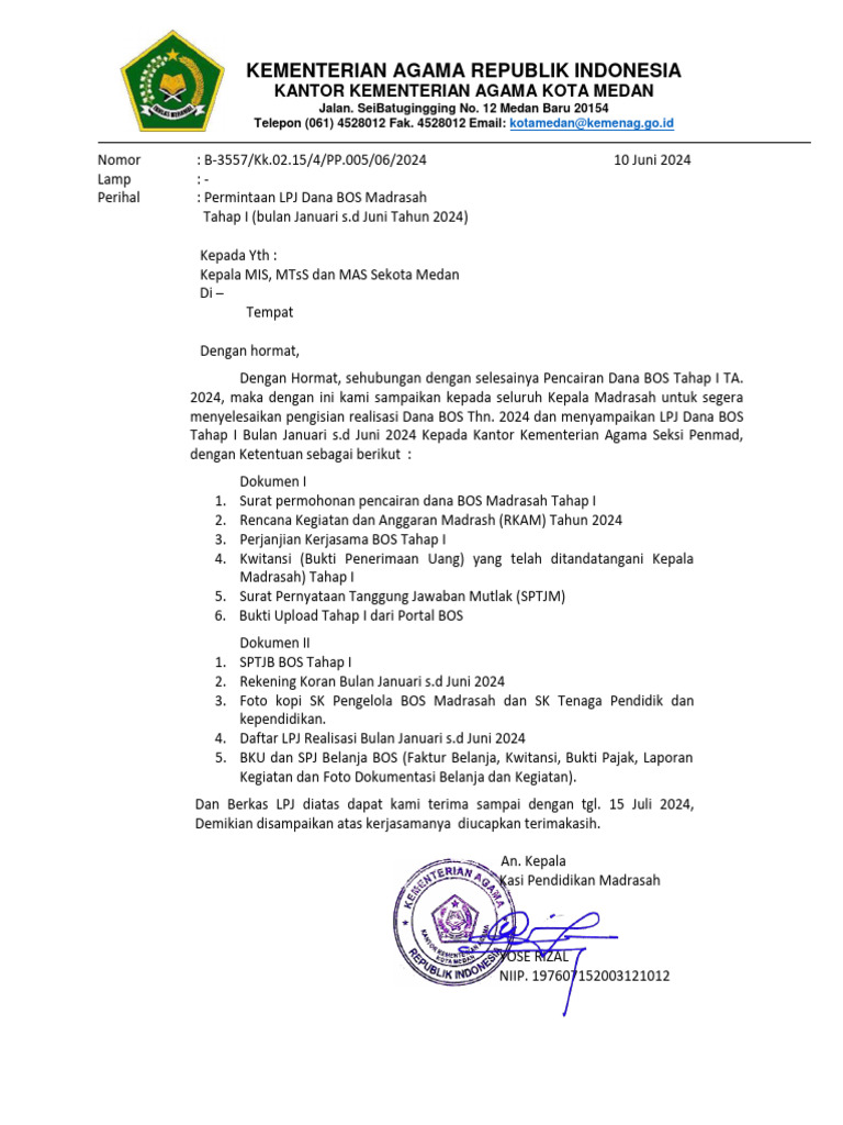 Permintaan LPJ Dana BOS Madrasah Medan 2024 | PDF
