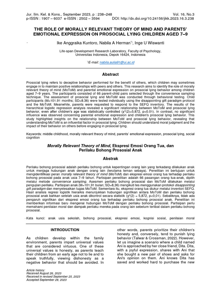 The Role Ofmorally Relevant Theory of Mind and Parents' Emotional Expression On Prosocial Lying ...