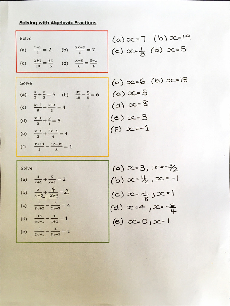 Solving Equations With Algebraic Fractions Practice Strips Answers - DR ...