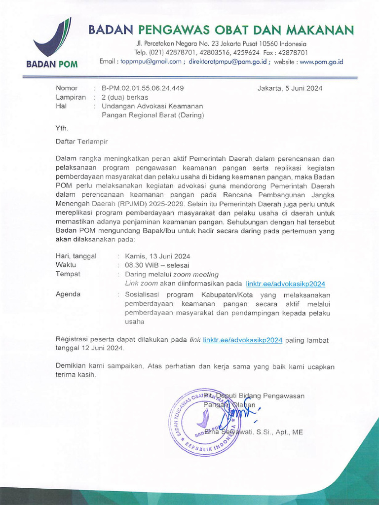 Undangan Peserta Daring Advokasi KP Reg. Barat Tanggal 13 Juni 2024 | PDF