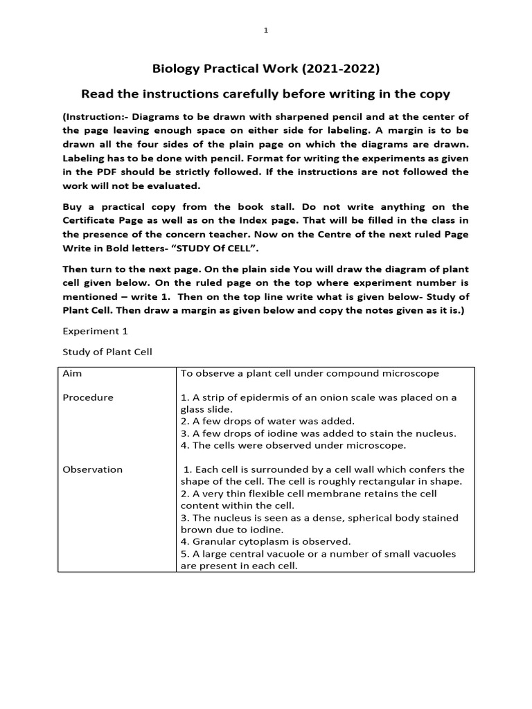 Class IX Biology Practical Works To Be Written in The Practical ...