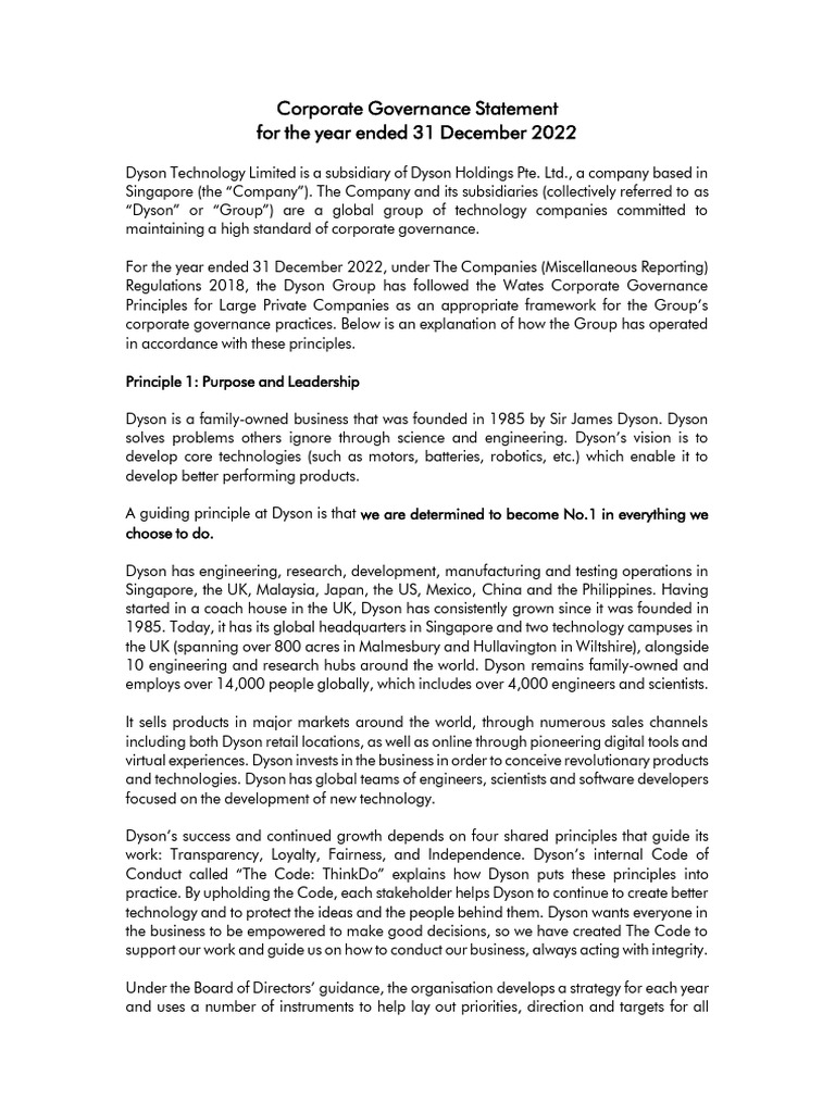 Dyson Corporate Governance Overview 2022 | PDF | Internal Audit ...