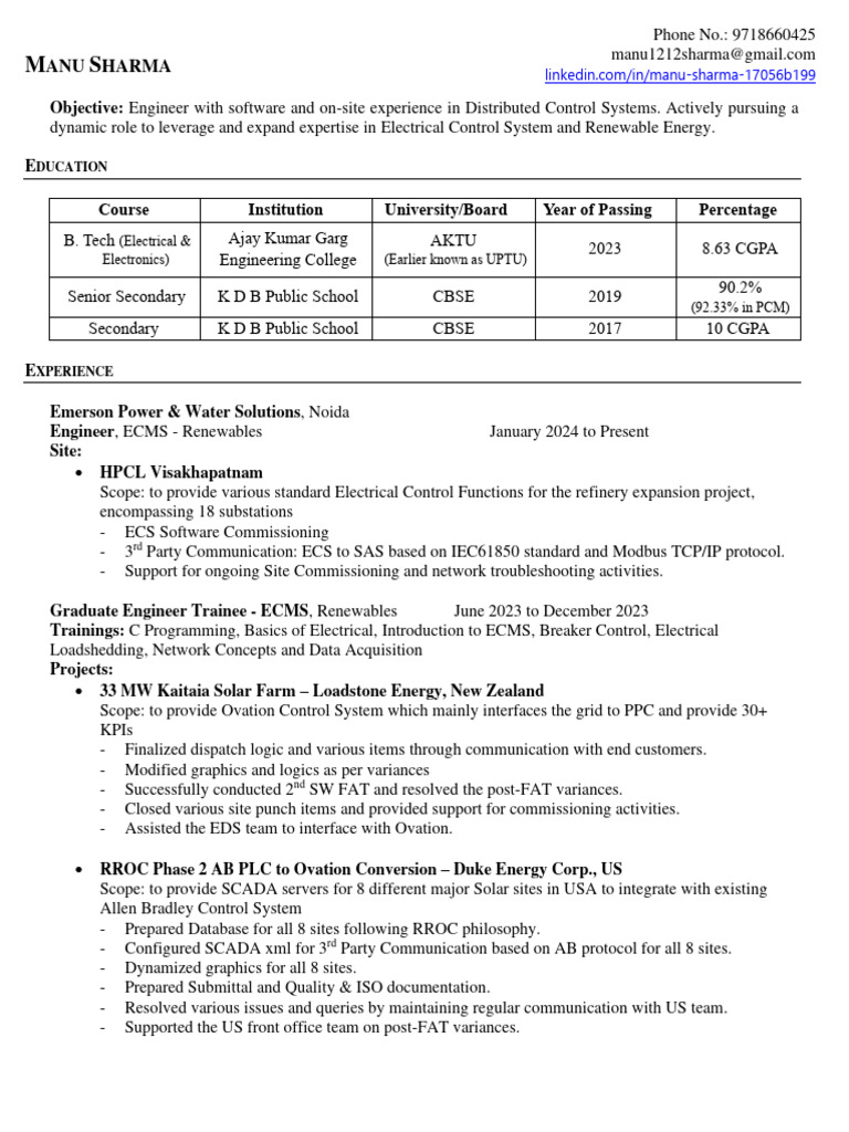 ManuSharma CT Resume | PDF | Programmable Logic Controller | Scada