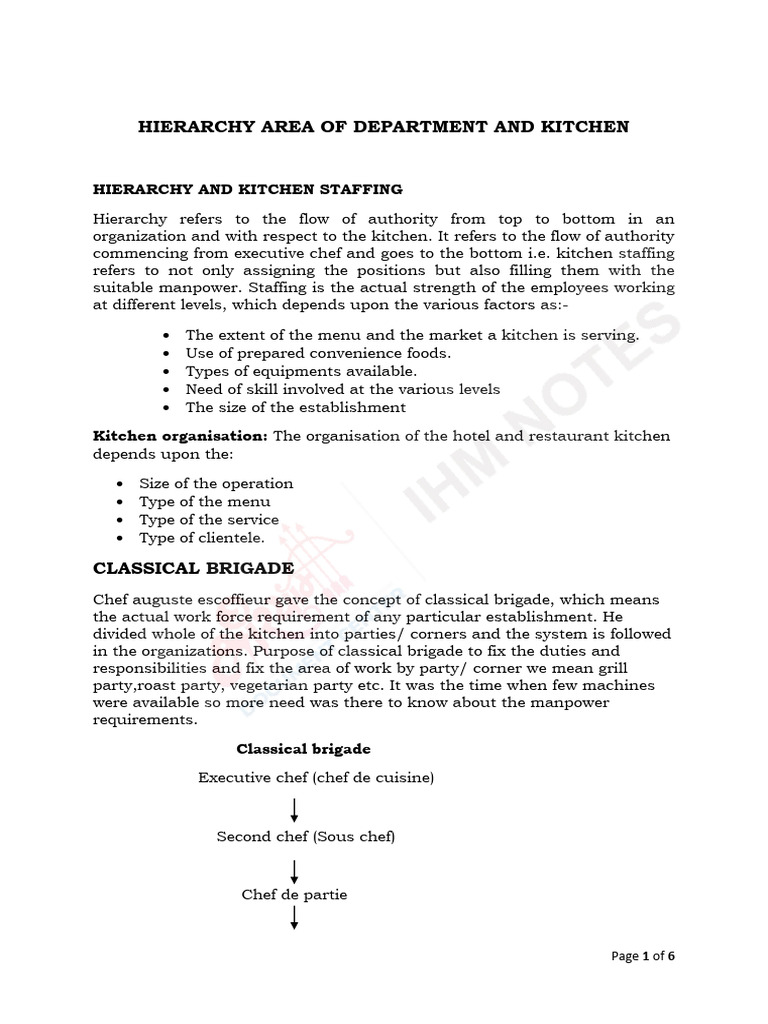 Unit 3 Hierarchy Area of Department and Kitchen | PDF | Chef | Food And ...