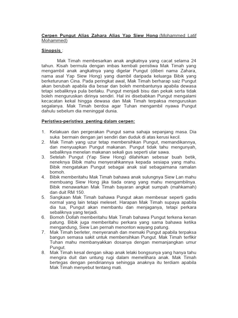 Sinopsis Pungut Alias Zahara Alias Yap Siew Hong | PDF Sinopsis Pungut Alias Zahara Alias Yap Siew Hong | PDF