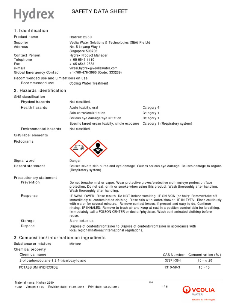 30.MSDS Hydrex 2250 SG - GHS | PDF | Dangerous Goods | Toxicity