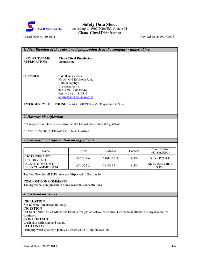 Clena Citral Disinfectant MSDS | PDF | Personal Protective Equipment | Dangerous Goods