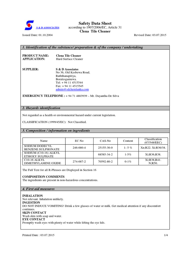 Clena Tile Cleaner MSDS | PDF | Personal Protective Equipment | Waste ...